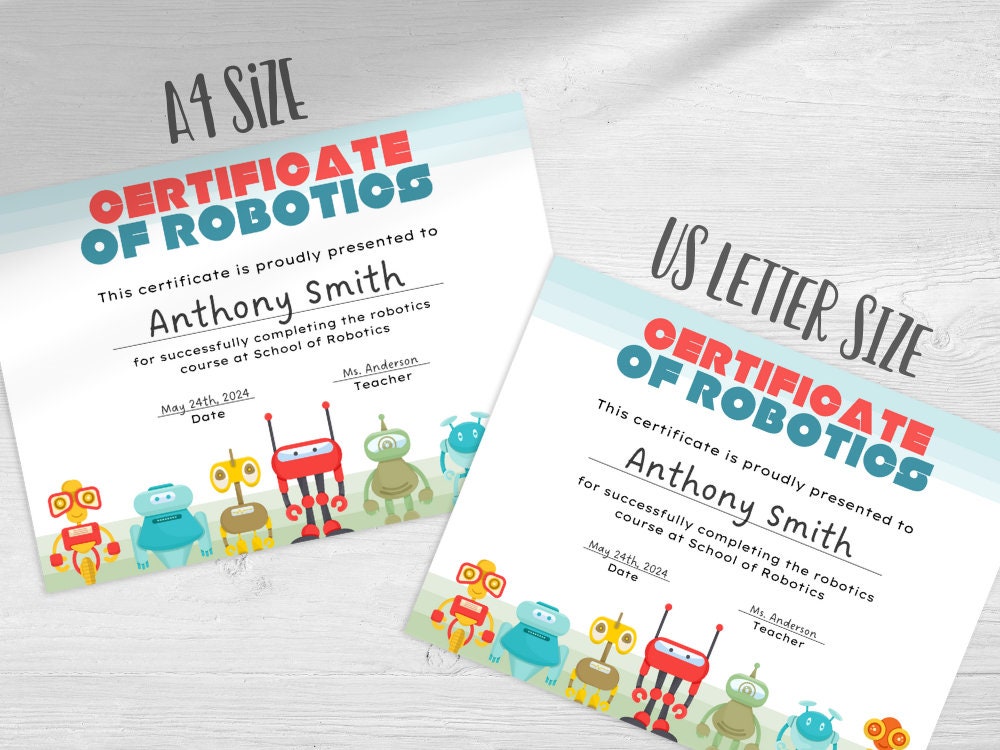 Editable Certificate of Robotics | Colourful Robots - Etsy