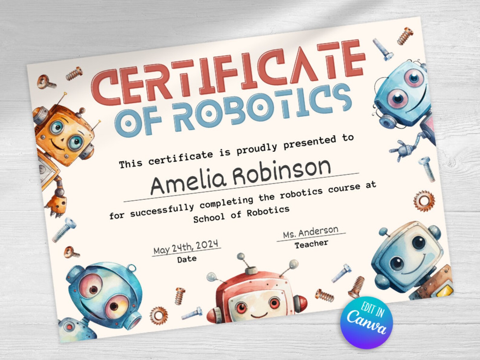 Editable Certificate of Robotics | Robots and Bolts - Etsy