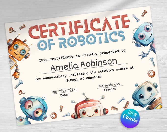 Editable Certificate of Robotics | Robots and Bolts - Etsy