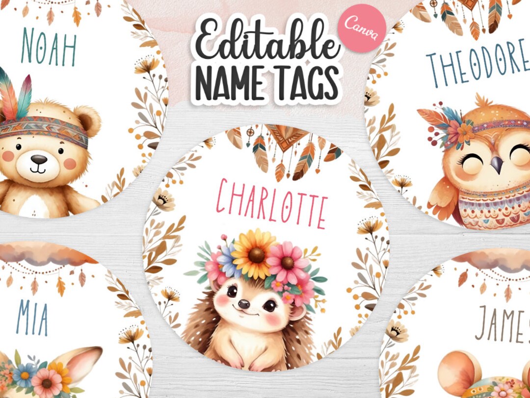 Editable Classroom Name Tags | Boho Woodland Animals - Etsy