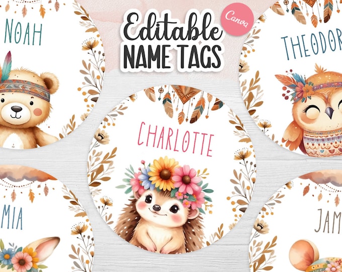 Editable Classroom Name Tags | Boho Woodland Animals - Etsy