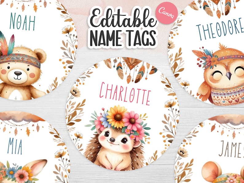Editable Classroom Name Tags | Boho Woodland Animals - Etsy Australia