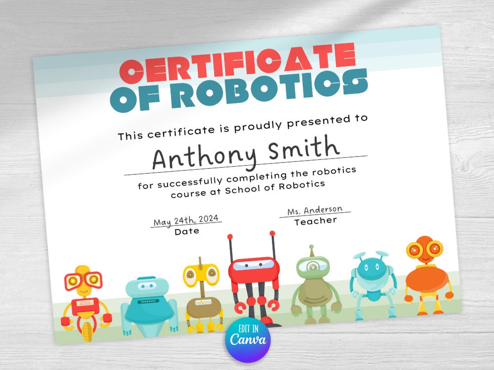 Editable Certificate of Robotics Colourful Robots - Etsy
