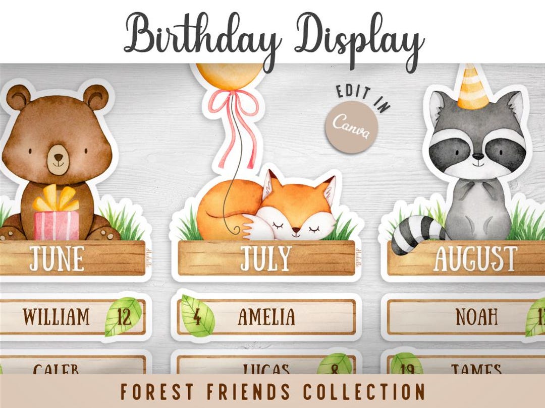 Editable Woodland Animal Classroom Birthday Display | Canva Template ...