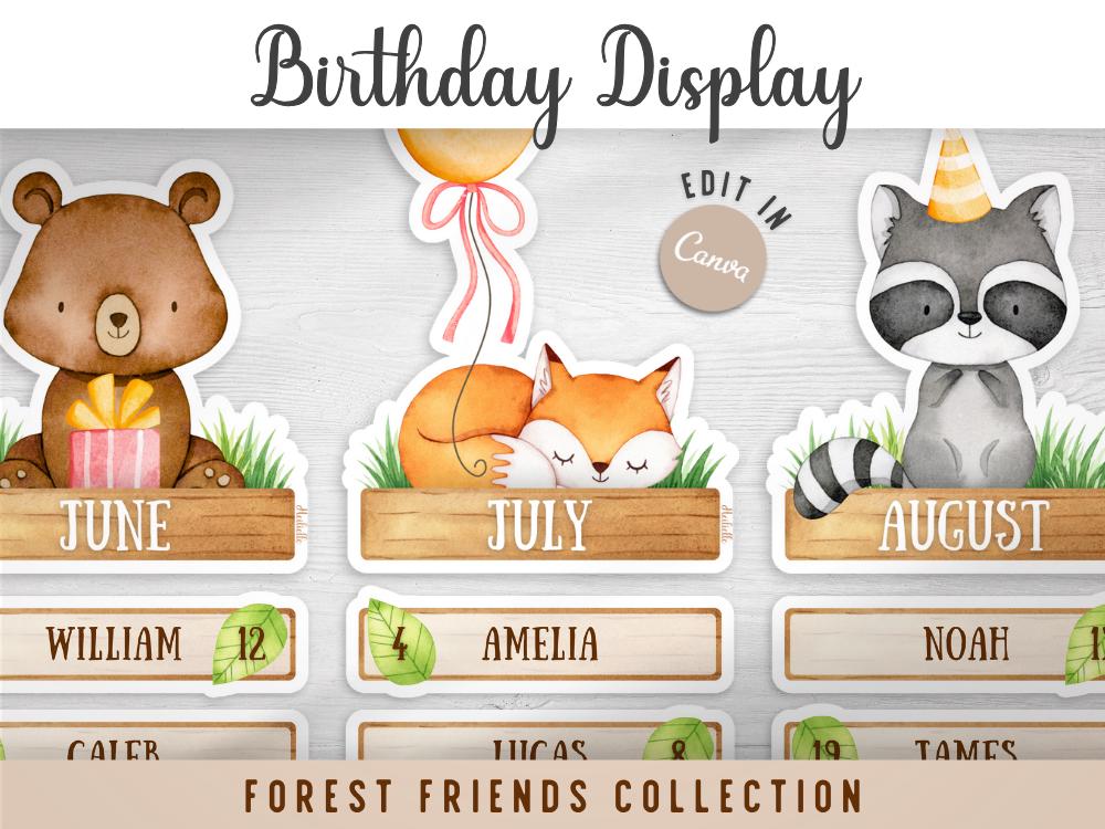 Editable Woodland Animal Classroom Birthday Display | Canva Template ...