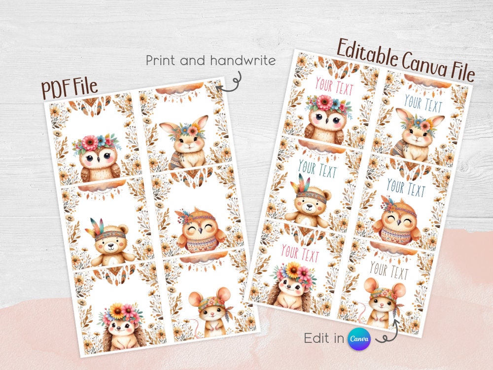 Editable Square Classroom Labels | Boho Woodland Animals - Etsy