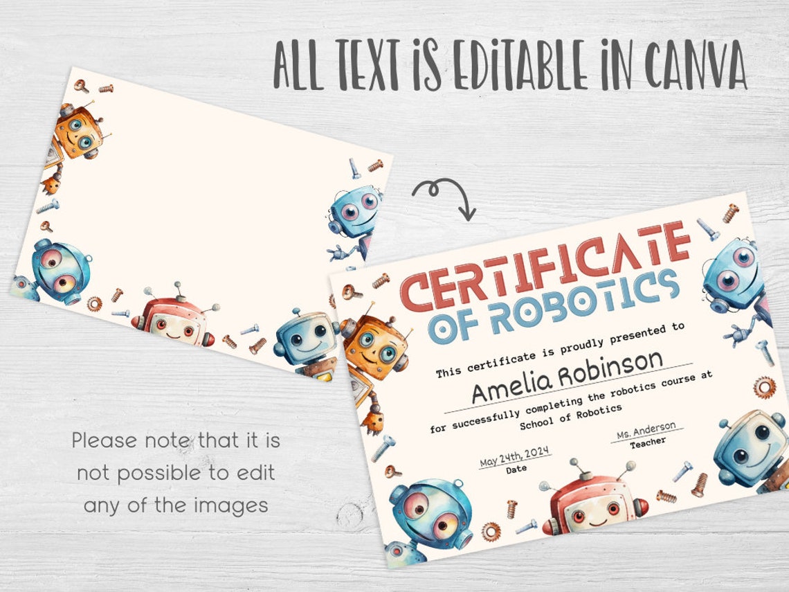 Editable Certificate of Robotics | Robots and Bolts - Etsy