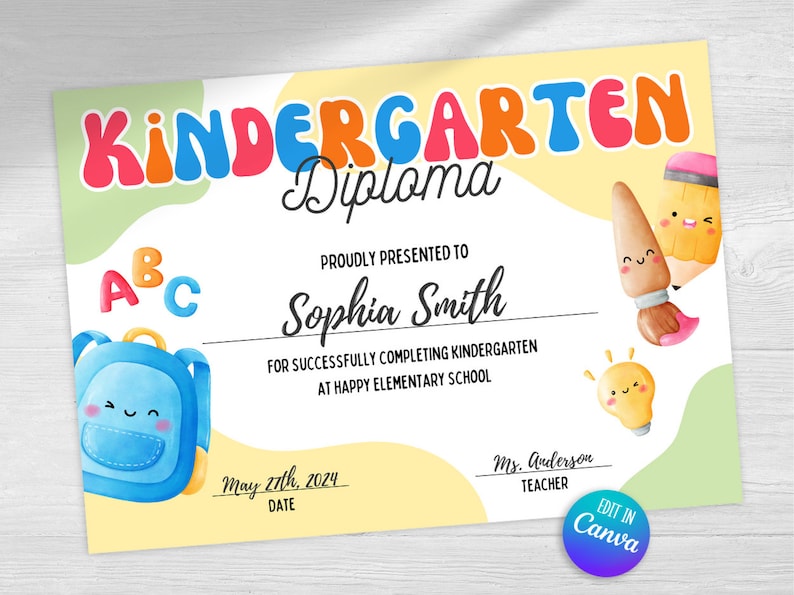 Editable Kindergarten Graduation Diploma | 8.5x11 and A4 - Etsy