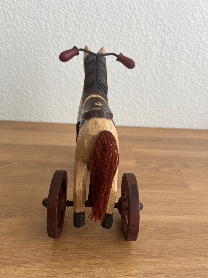 Vtg Folk Art Style Wooden Primitive Look Horse on Wheels Pull Toy ...