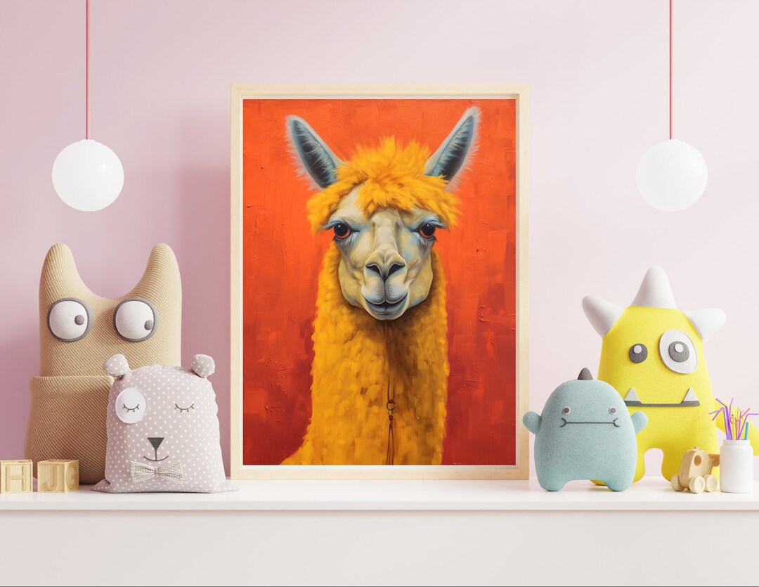 Orange Lama Print, Animal Wall Art, Nursery Lama, Orange Artwork, Kids ...
