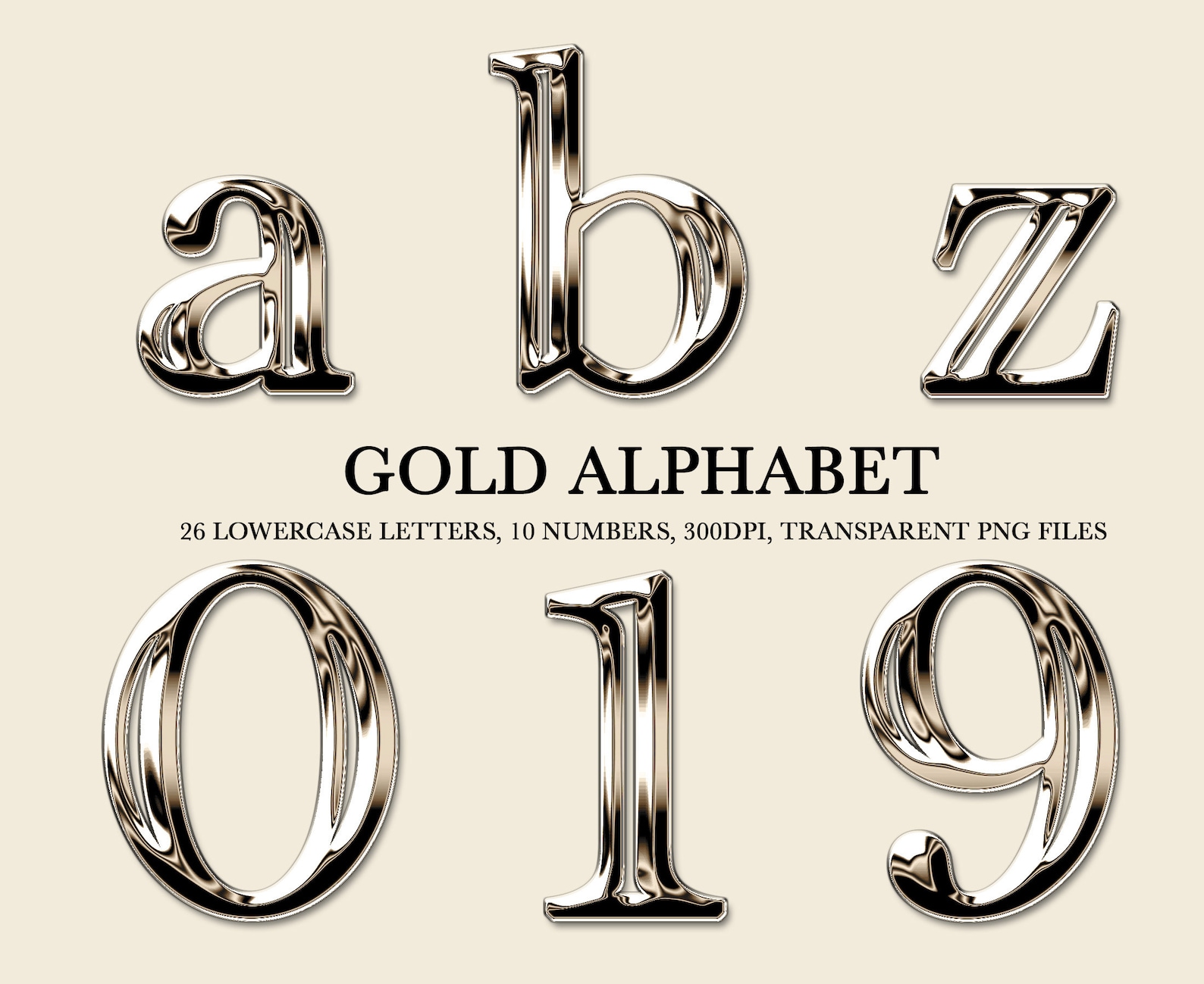 Gold Chrome Letters, A-z 26 Gold Chrome Alphabet, 10 Gold Numbers, PNG ...