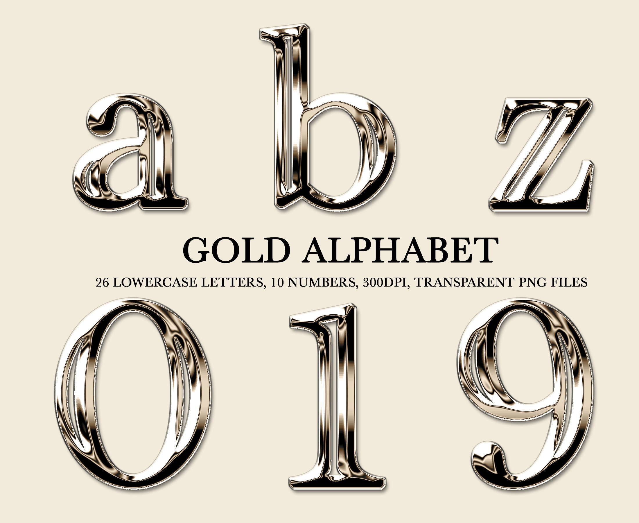 Gold Chrome Letters, A-z 26 Gold Chrome Alphabet, 10 Gold Numbers, PNG ...