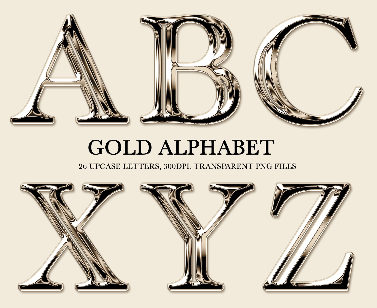 Gold Chrome Letters, A-Z Gold Chrome Alphabet, Gold Chrome PNG, Gold ...