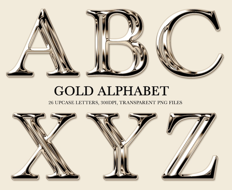 Gold Chrome Letters, A-Z Gold Chrome Alphabet, Gold Chrome PNG, Gold ...