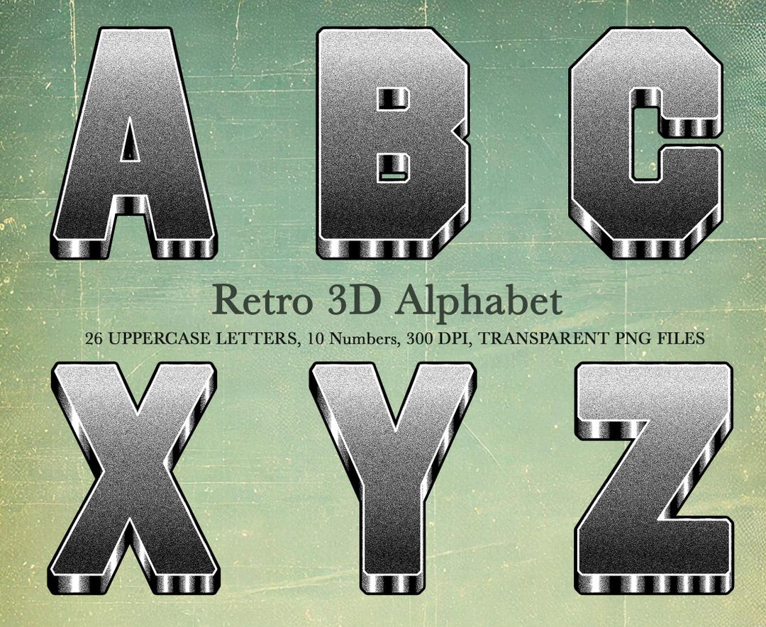 Retro 3D Silver Chrome Alphabet PNG | Uppercase Letters & Numbers ...