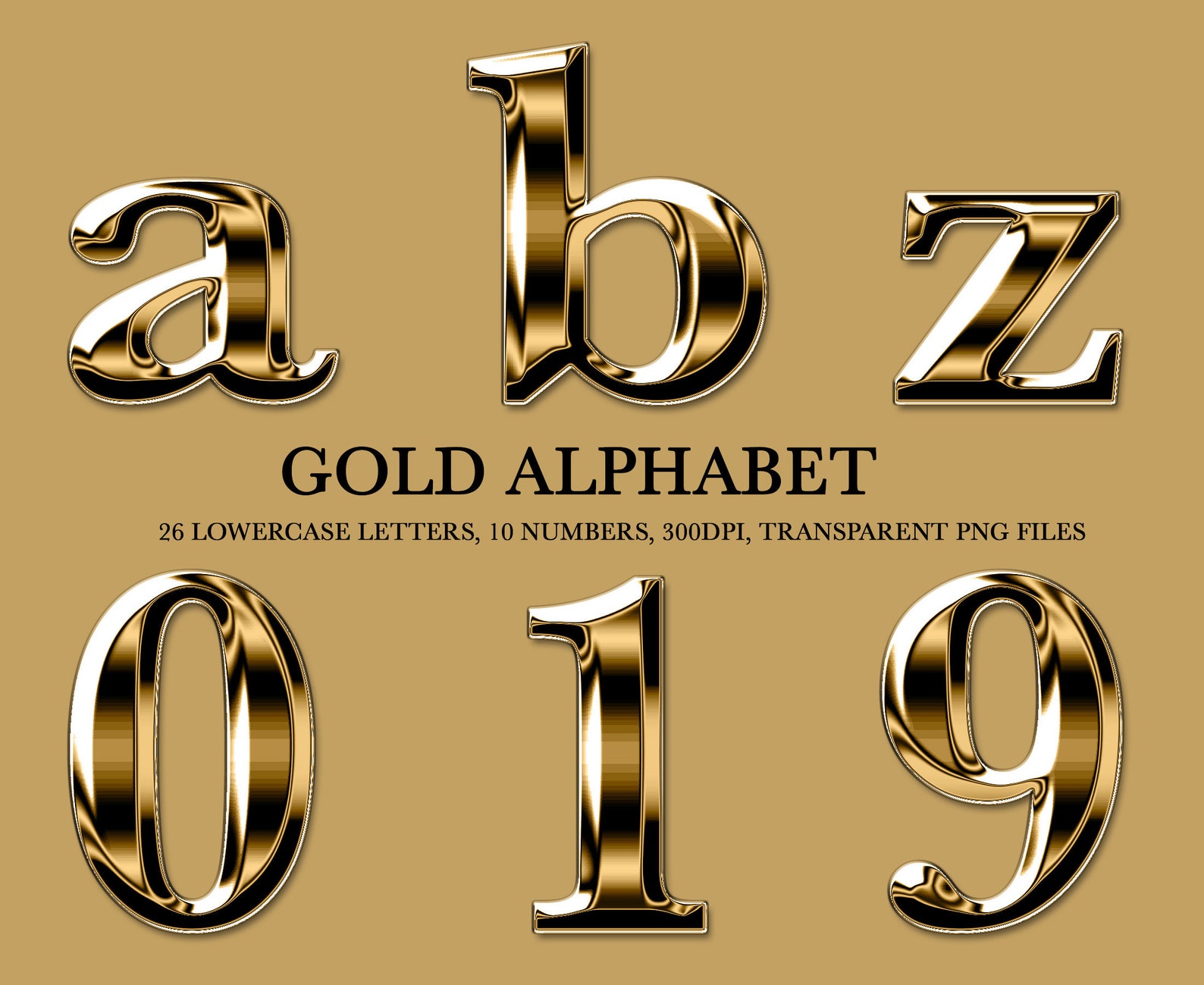 Gold Chrome Letters, A-z 26 Gold Chrome Alphabet, 10 Gold Numbers, PNG ...