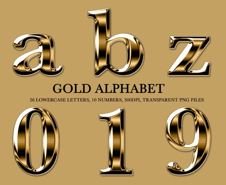 Gold Chrome Letters, A-z 26 Gold Chrome Alphabet, 10 Gold Numbers, PNG ...