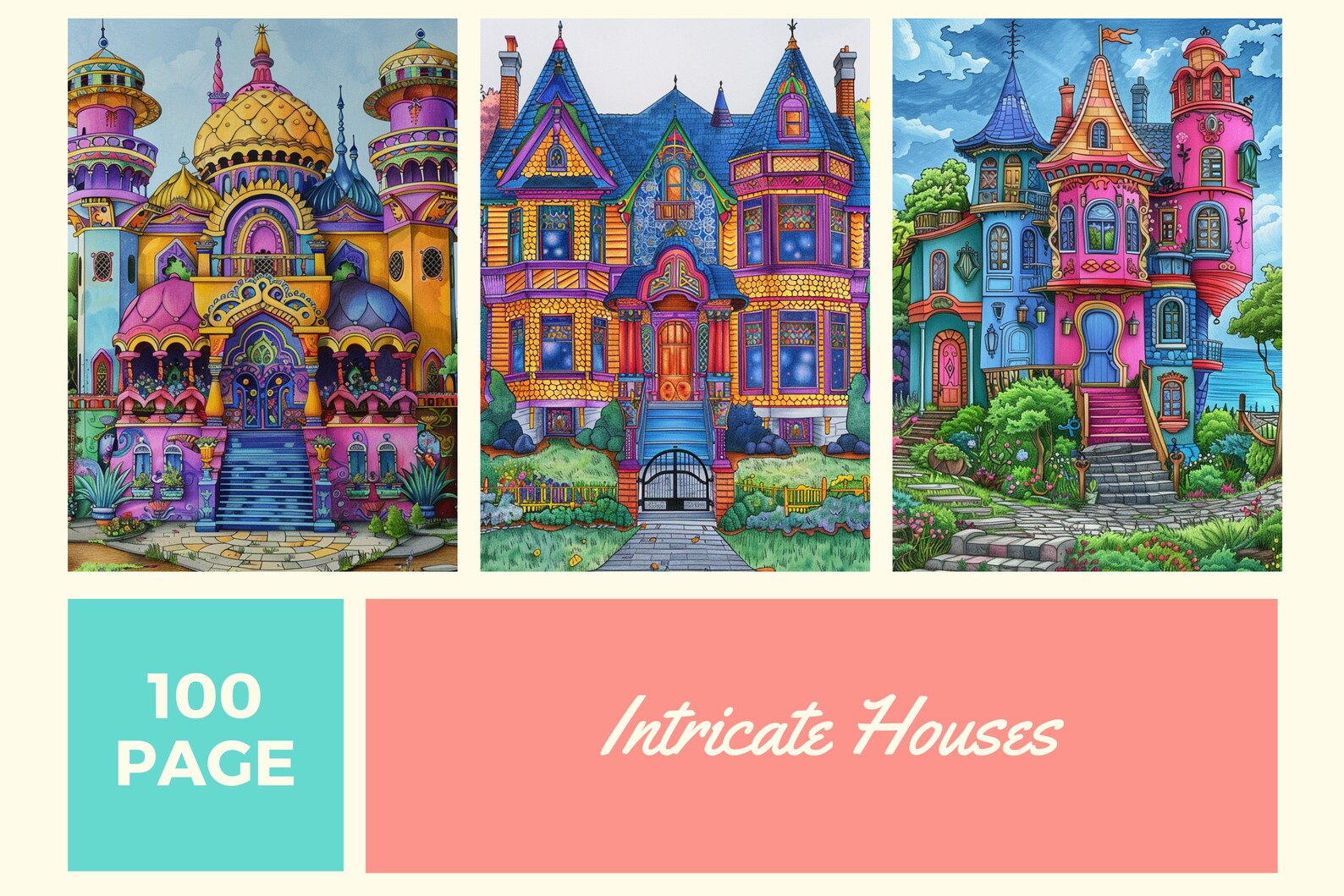 100 Page Intricate Houses Coloring Book Childrens Adult Volume 1 8.5x11 ...