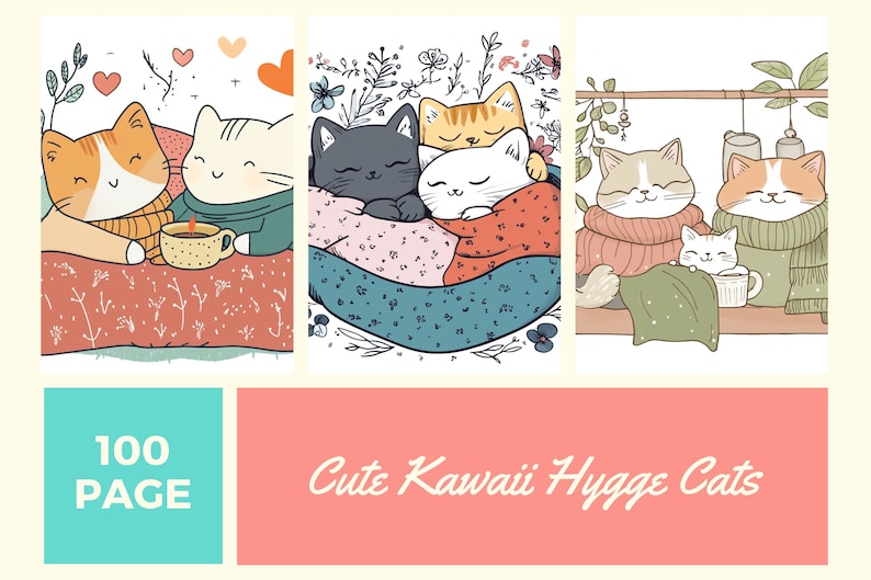 100 Page Cute Kawaii Hygge Cats Coloring Book Childrens Adult Volume 1 ...
