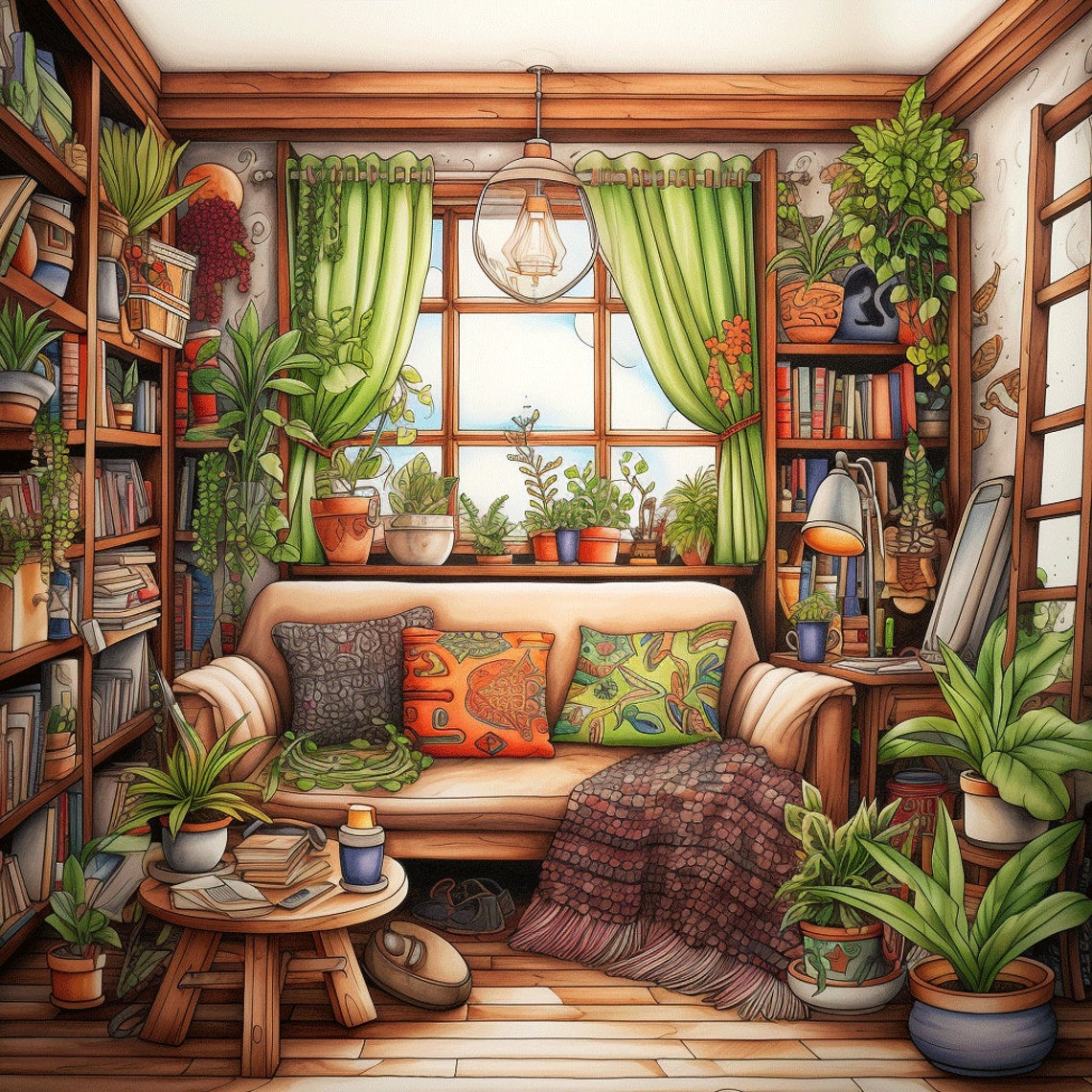50 Page Cozy Reading Interior Spaces Coloring Book for Adults - Etsy