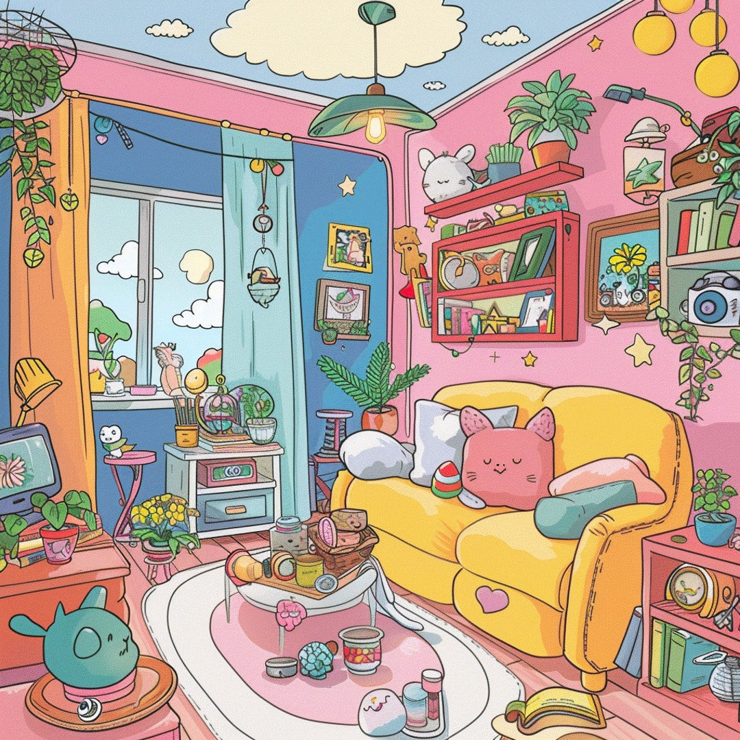 100 Page Cute Interior Spaces Coloring Book for Adults and Children - Etsy