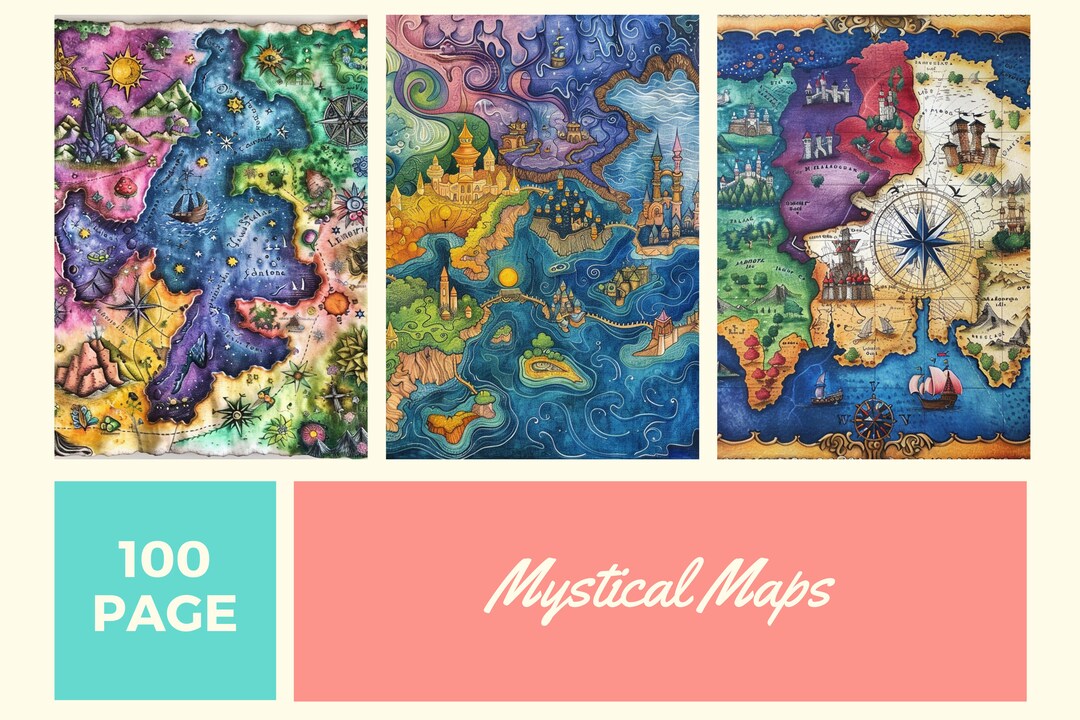 100 Page Mystical Maps Coloring Book Childrens Adult Volume 1 8.5"x11 ...