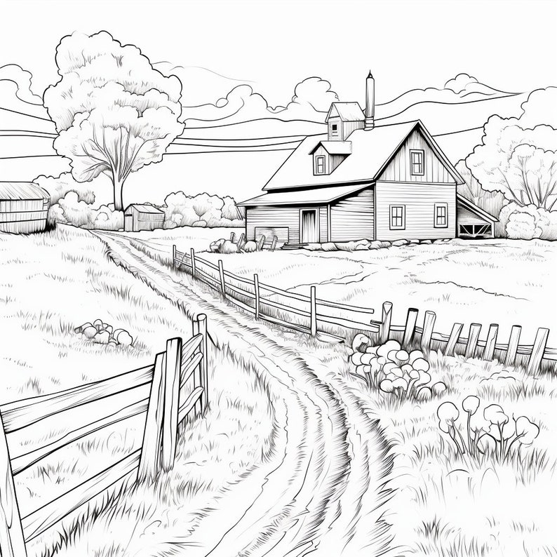 25 Page Country Farm Coloring Book, Nature, Peaceful, Farm, Streams ...
