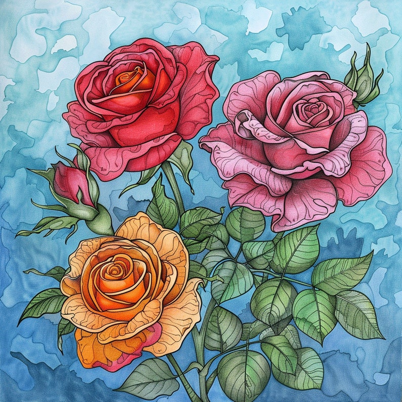 50 Page Roses Coloring Book Adult Children Volume 1 8.5"x11" PDF Page ...