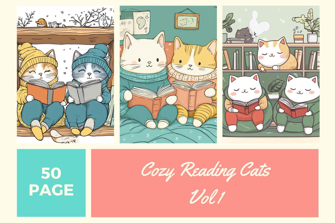 50 Page Cozy Cats Reading Nooks Coloring Book Adult Children Volume 1 8 ...
