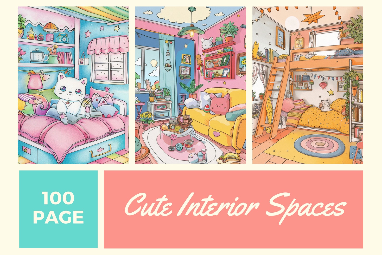 100 Page Cute Interior Spaces Coloring Book Childrens Adult Volume 1 8. ...
