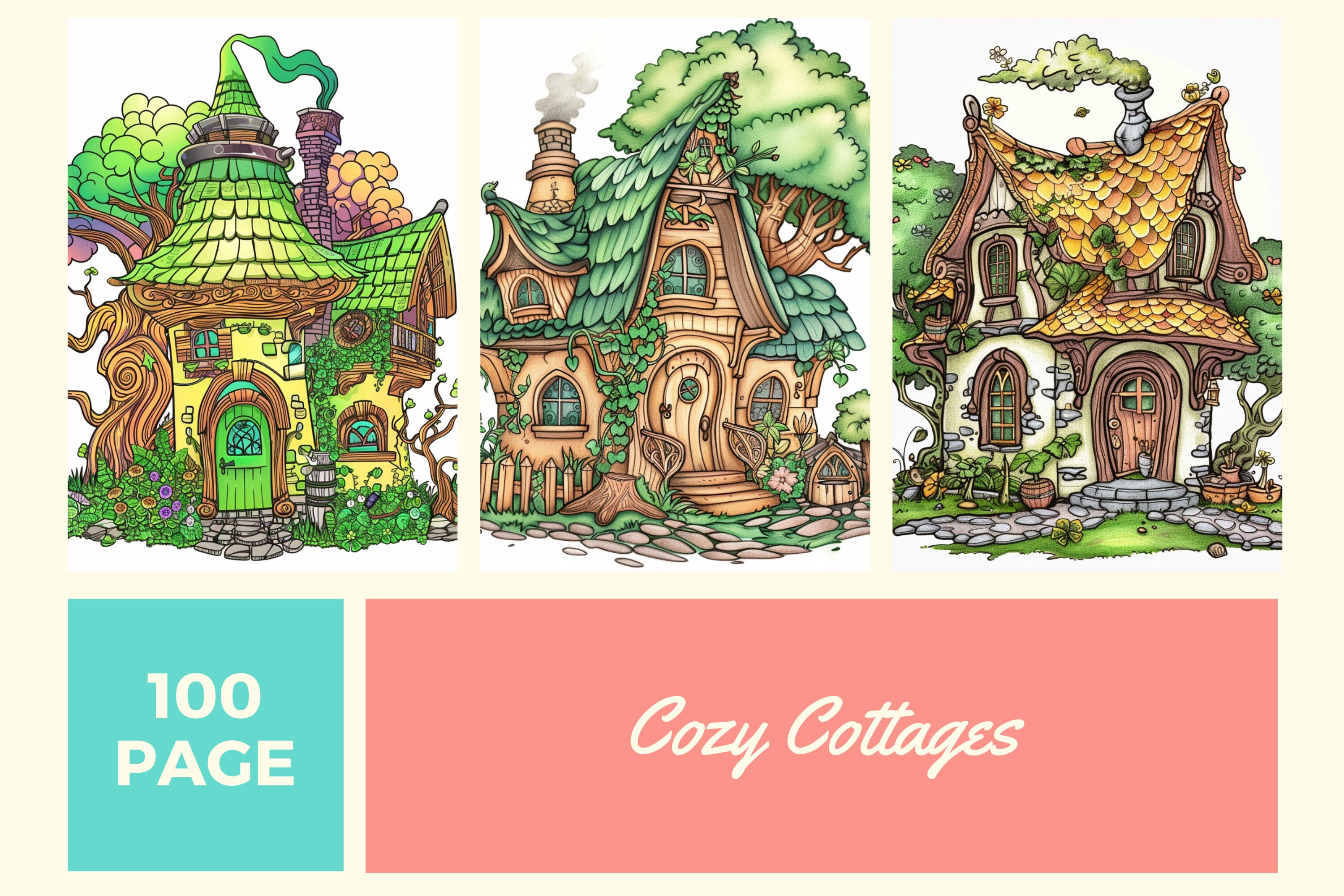 100 Page Cozy Cottages Coloring Book Childrens Adult Volume 1 8.5"x11 ...