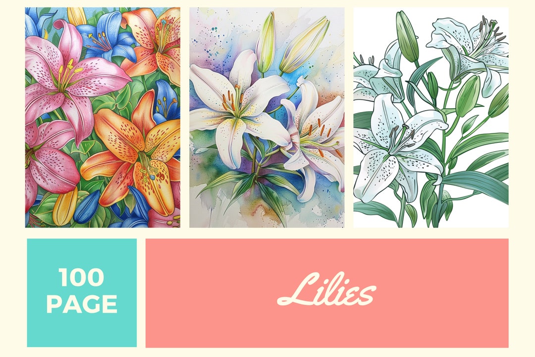100 Page Lilies Coloring Book Adult Children Volume 1 8.5"x11" PDF Page ...