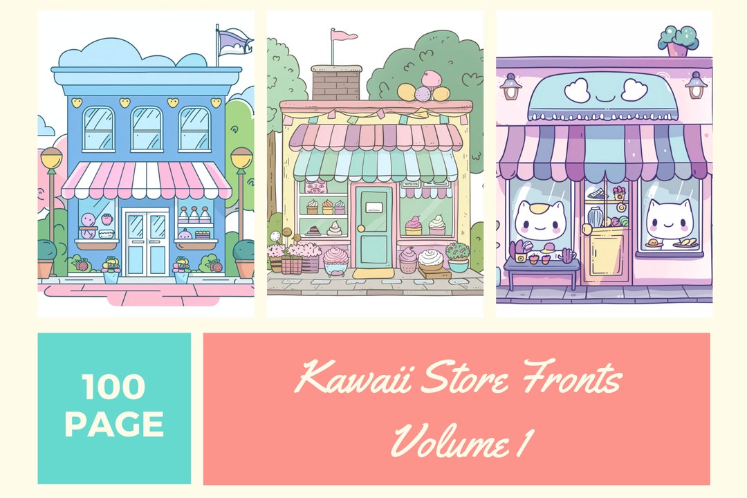 100 Page Cute Kawaii Store Fronts Coloring Book Childrens Adult Volume ...