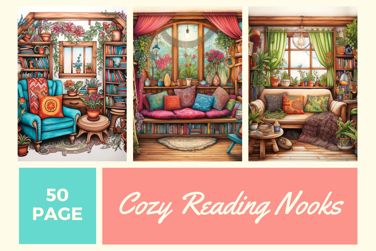 50 Page Cozy Reading Nooks Coloring Book Childrens Adult Volume 2 8.5 ...