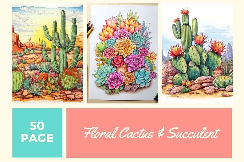 50 Page Floral Cactus & Succulent Coloring Book, Printable PDF ...