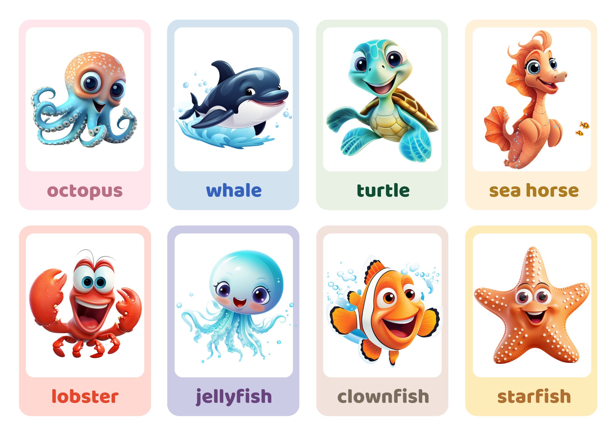 Printable Ocean Animal Flashcard + Free Colouring Book - English ...