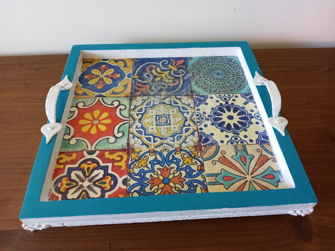 Decorative Tray. Decoupage Tray. Serving Tray. Hand Painted Blue and ...