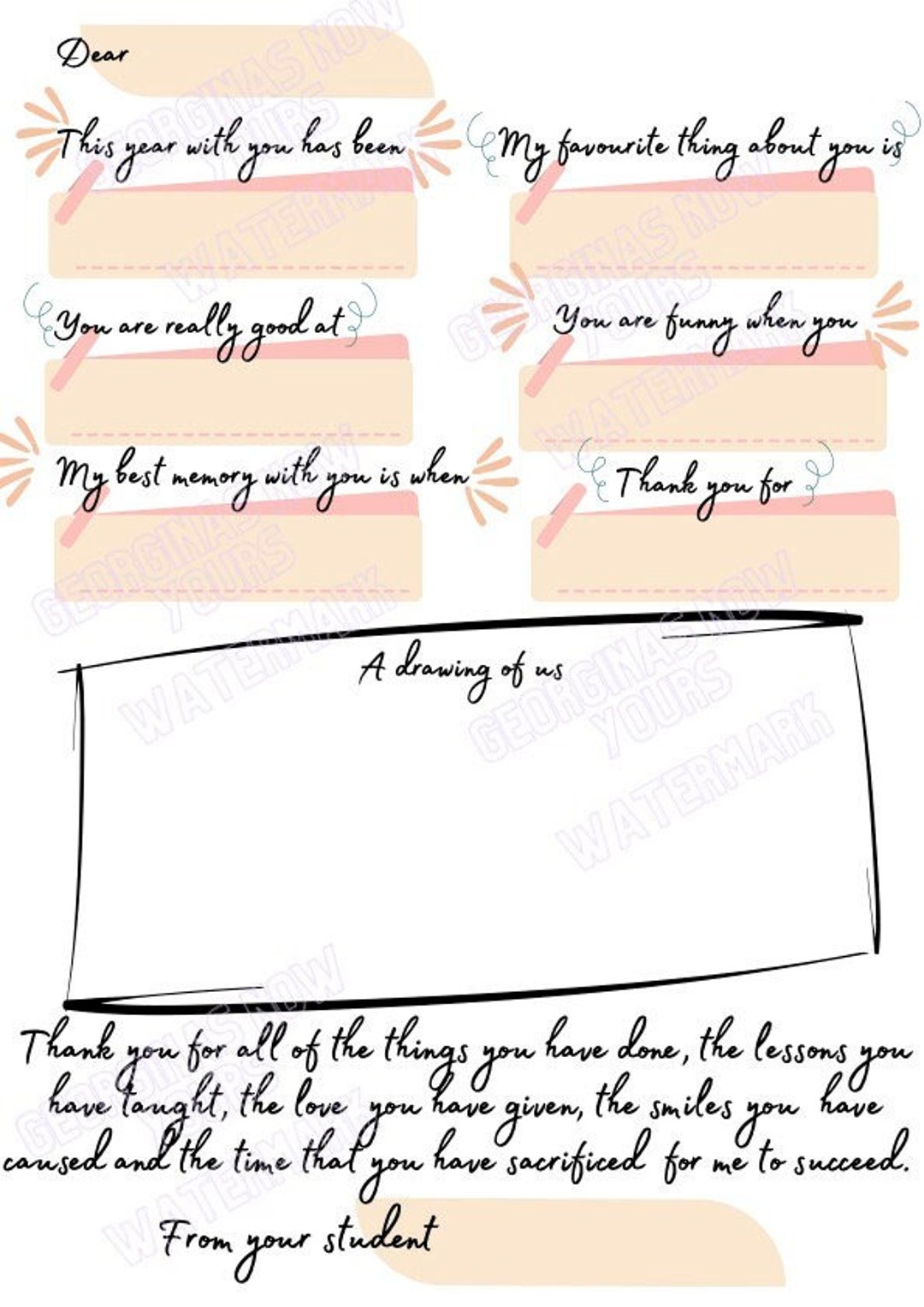 Thank You Teacher End of Year Card/ Gift. Fill in the Blanks, Draw and ...