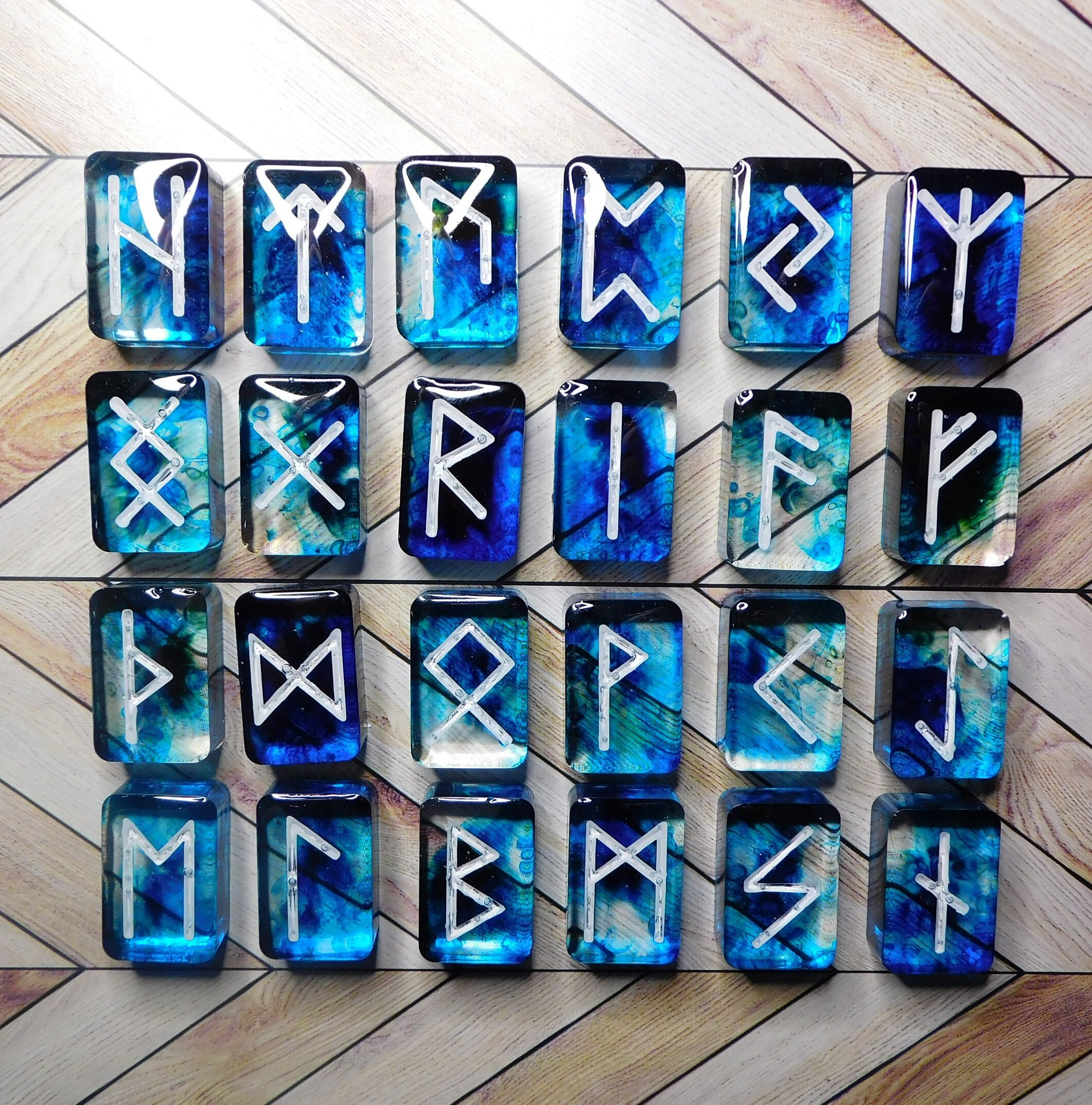 Epoxy Resin Rectangle Futhark Rune Reading Sets Blue and White With ...