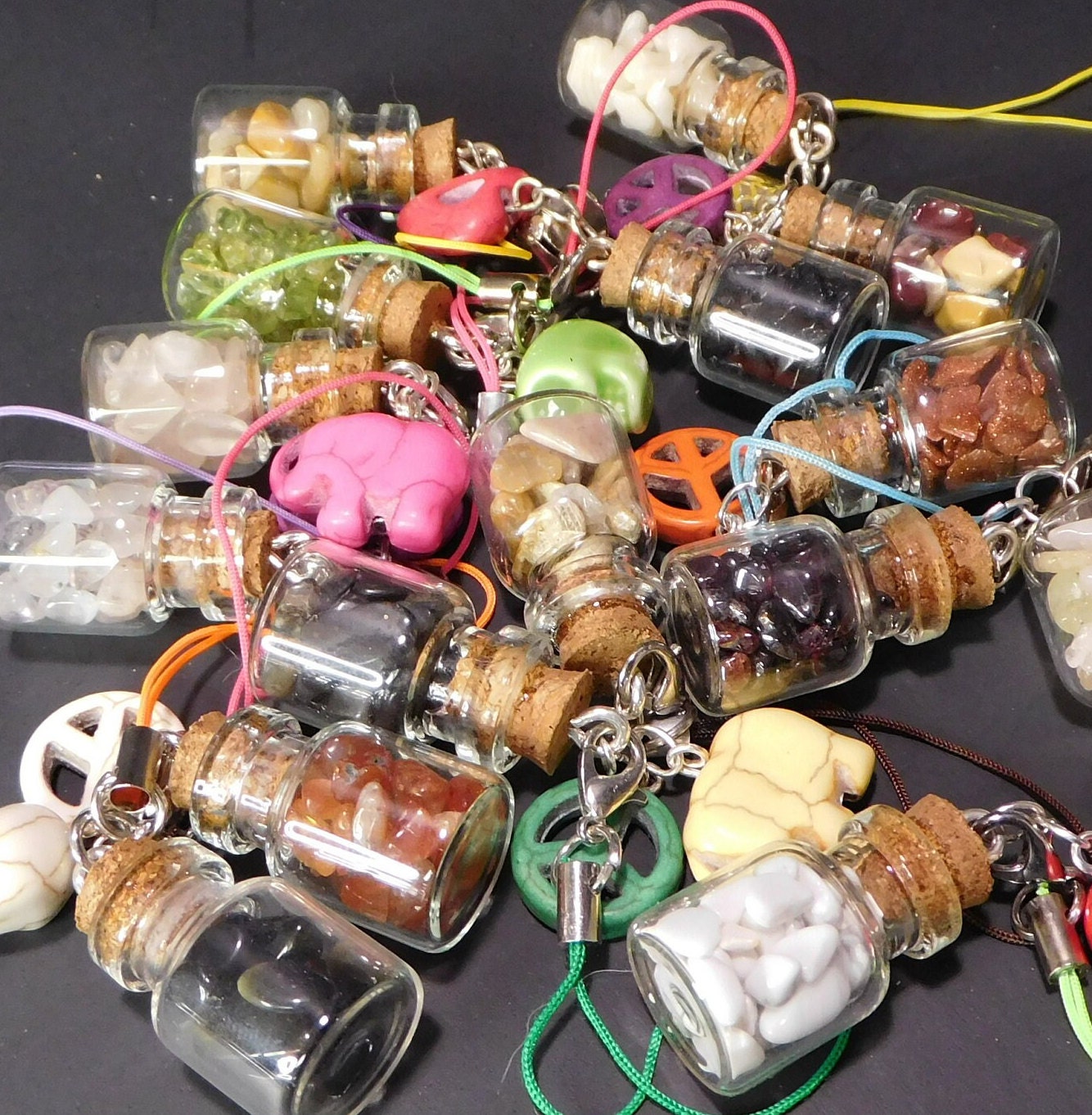 Mini Crystal Chip Vial Keychains With Charm and Lanyard Lobster Clasp ...