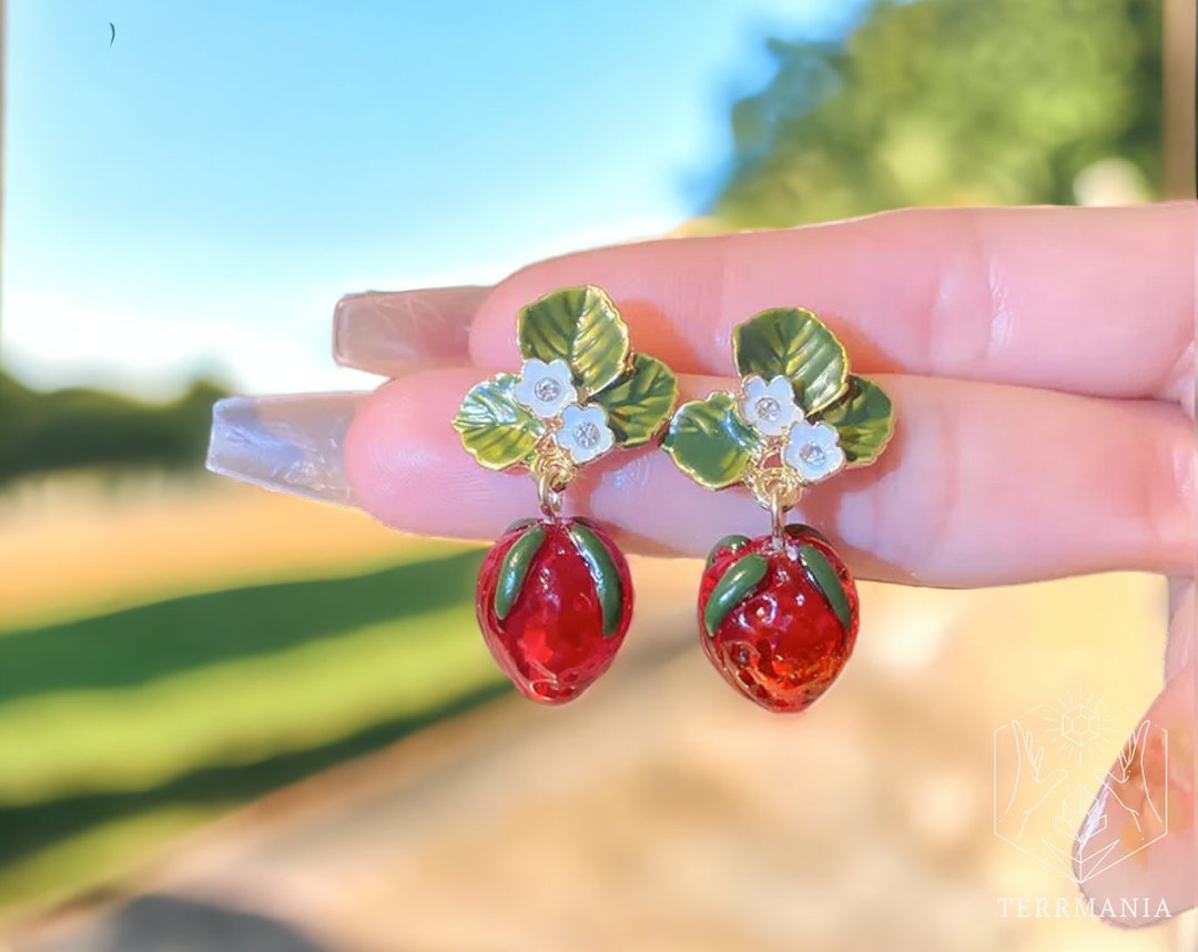 Cottagecore Strawberry Earrings, 14k Gold Strawberry Earrings, Cute ...