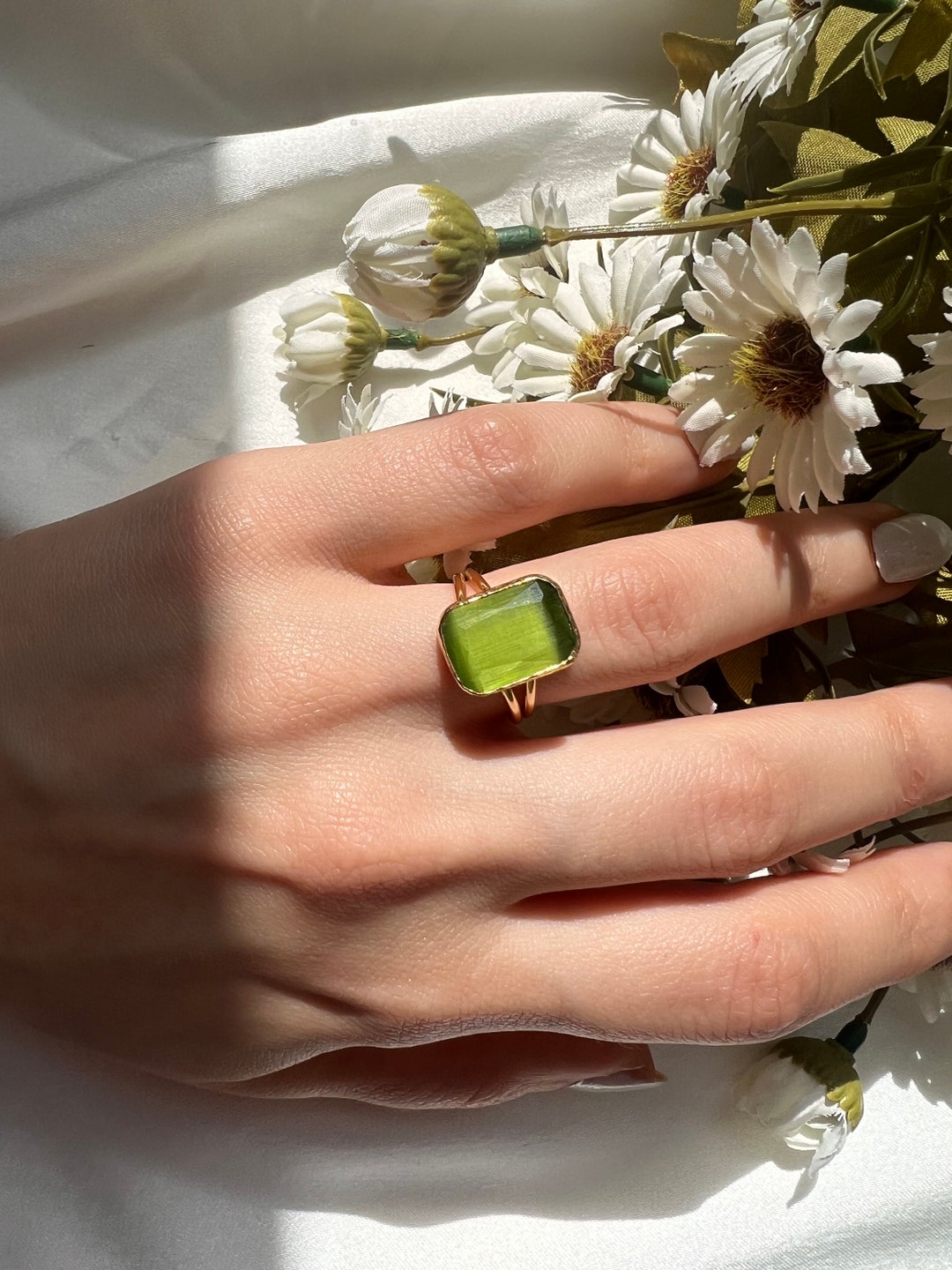 Jade Green Gemstone Ring, Green Gemstone Gold Ring, Vintage Gold Ring ...