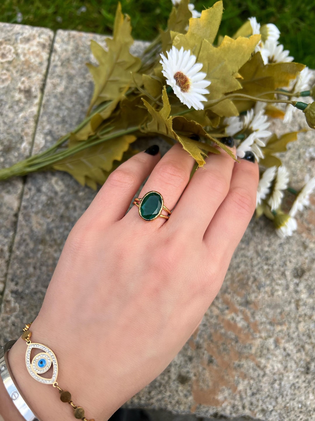 Emerald Green Gemstone Ring, Green Gemstone Gold Ring, Vintage Gold ...