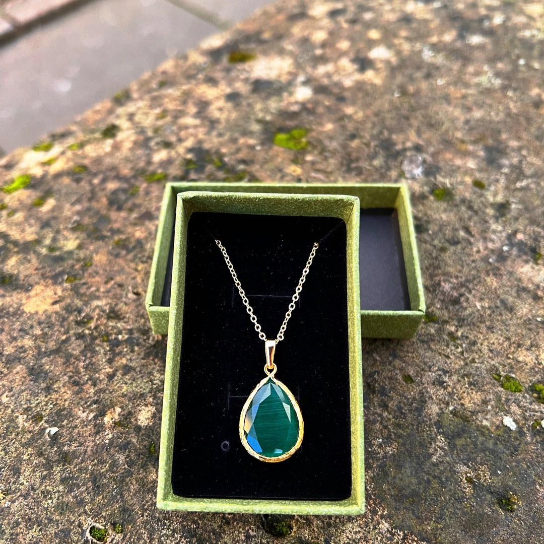 Emerald Green Pendant Necklace,emerald Green Gold Plated Necklace,green ...