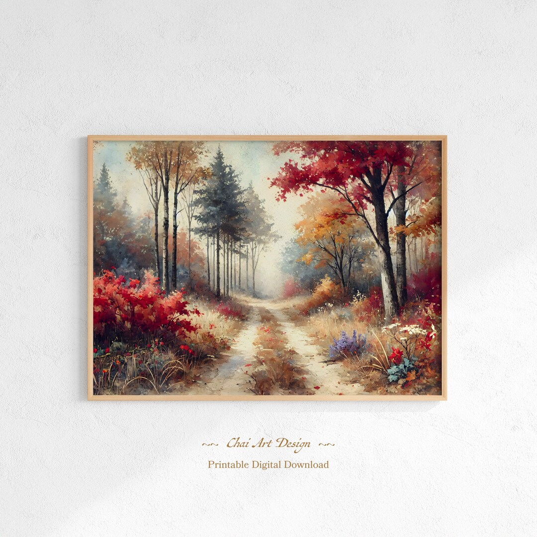 Fall Nature Landscape Painting Printable Wall Art, Rustic Country ...