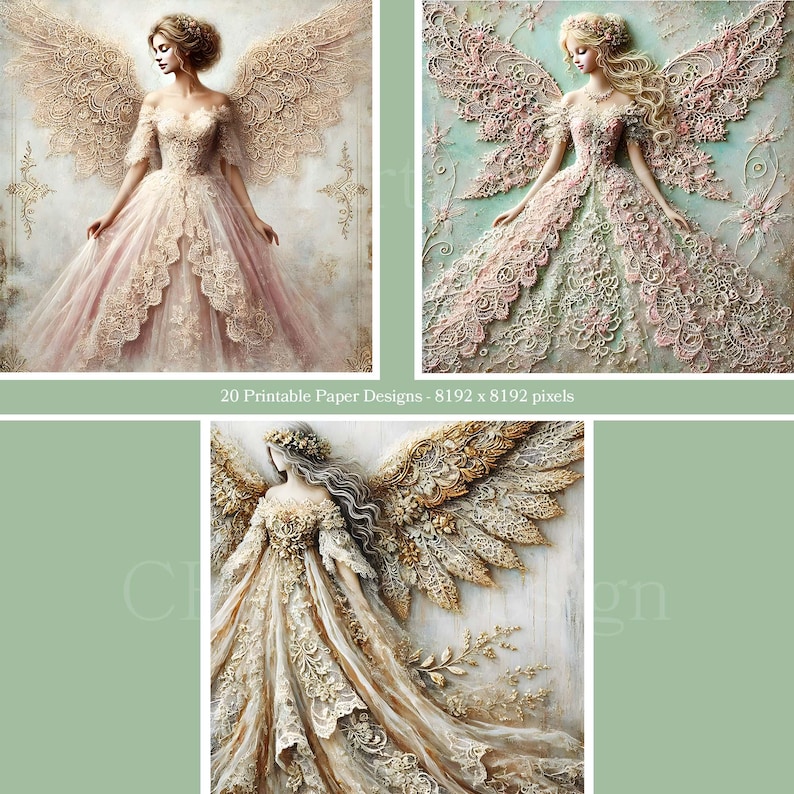 Shabby Chic Soft Pink Green Lace Angels Digital Paper Bundle, Elegant ...