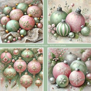 Shabby Chic Christmas Ornament Digital Paper Bundle, Whimsical Holiday ...