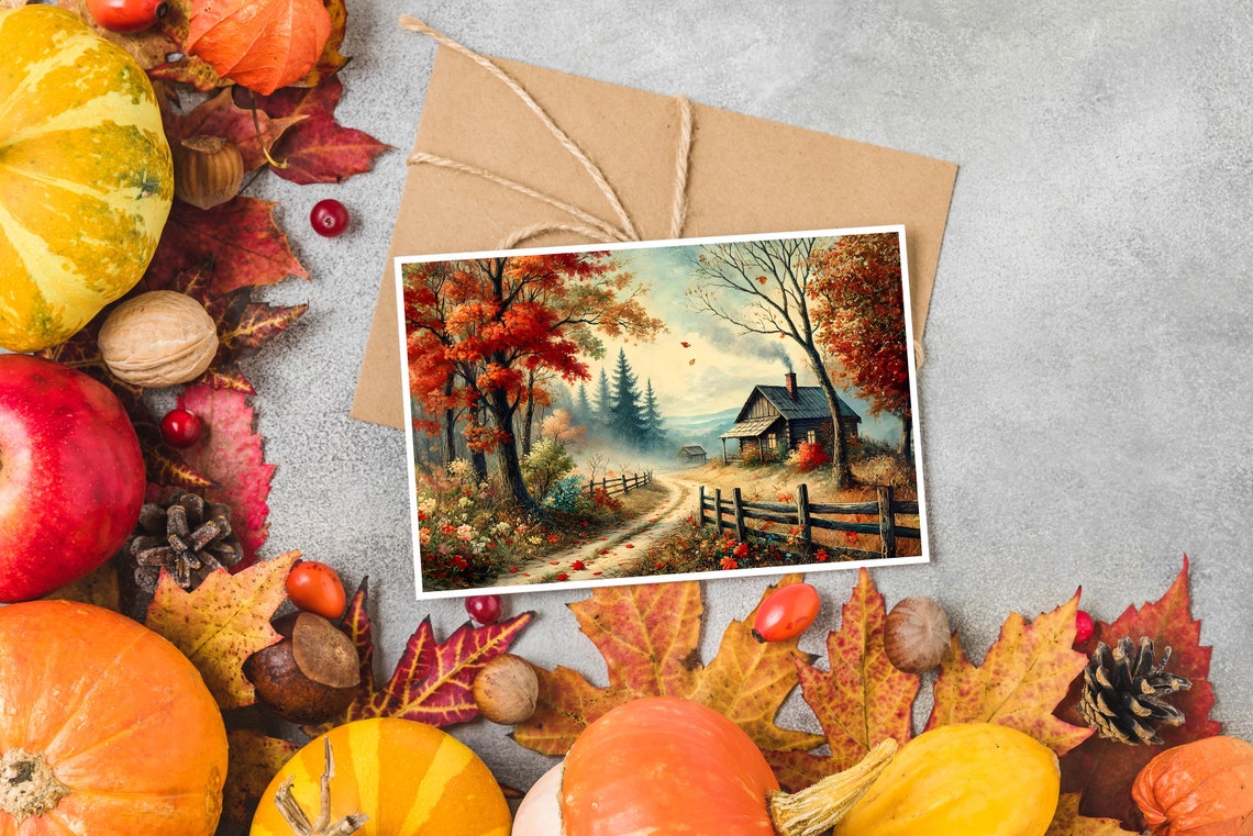 Autumn Cabin Landscape Painting Printable Wall Art, Rustic Country Fall ...