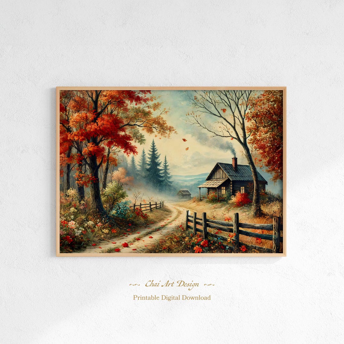 Autumn Cabin Landscape Painting Printable Wall Art, Rustic Country Fall ...