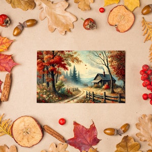 Autumn Cabin Landscape Painting Printable Wall Art, Rustic Country Fall ...